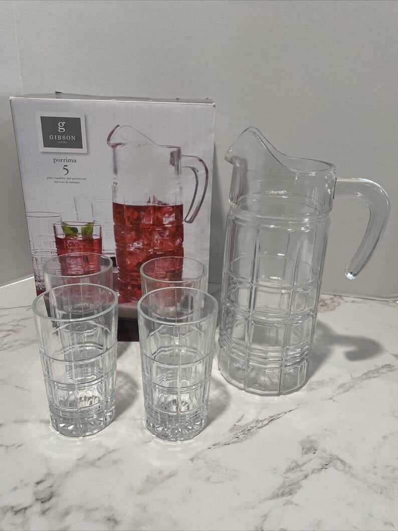 Gibson Home Porrima Glass Pitcher & 9oz Tumblers 5pc Set NIB - Etsy