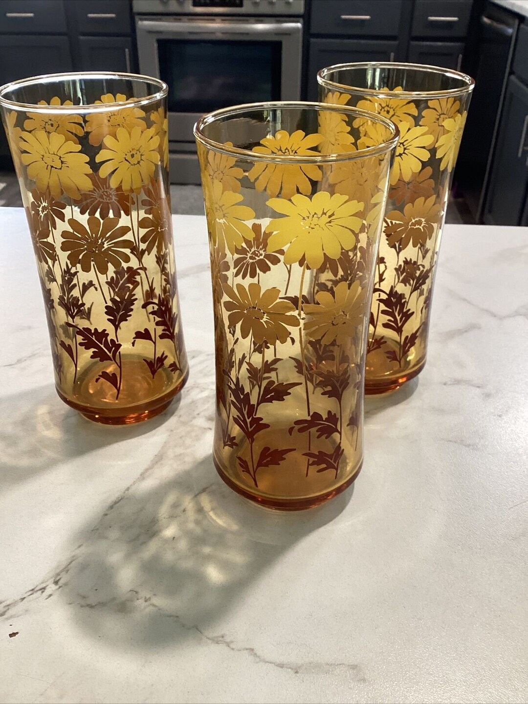 3 Vintage Libby Daisy Ombre Amber 16 Oz Drinking Glasses Floral - Etsy