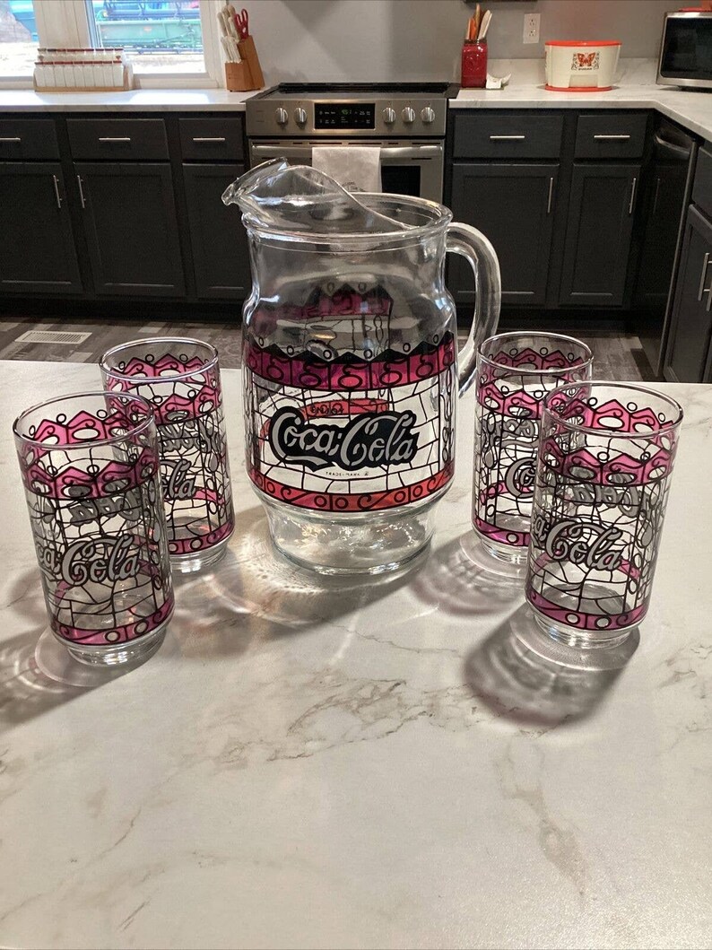 Vintage 1970's Coca Cola Stained Glass Pitcher 4 Glasses - Etsy