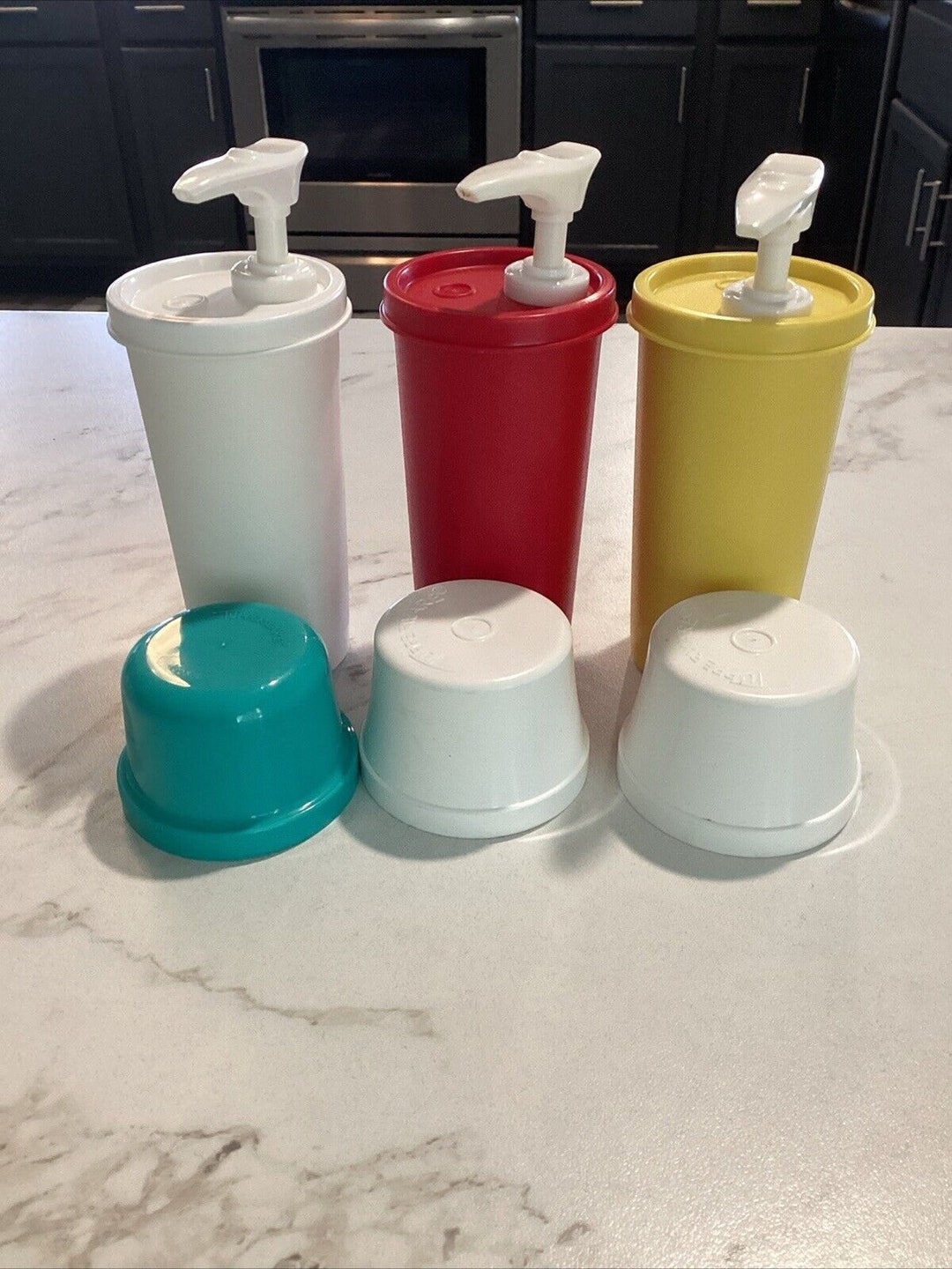 Tupperware Ketchup, Mayonnaise & Mustard Pump Dispensers Set With Lids ...