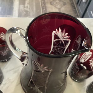 Vintage Ruby Red Cut Glass Bohemian Pitcher & 6 Glasses - Etsy