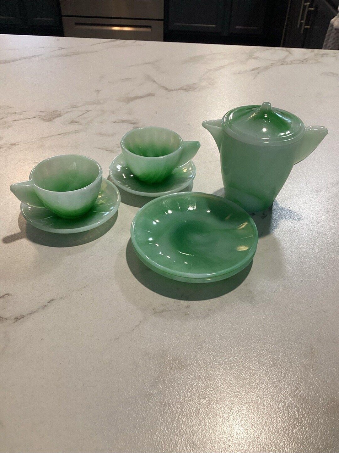 Akro Agate 7 Pc Tea Set Teapot With Lid Saucers & Cups Green White ...