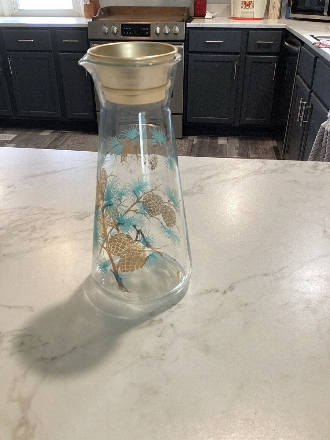 Vintage MCM Libbey David Douglas Turquoise Gold Pinecone Glass Carafe ...