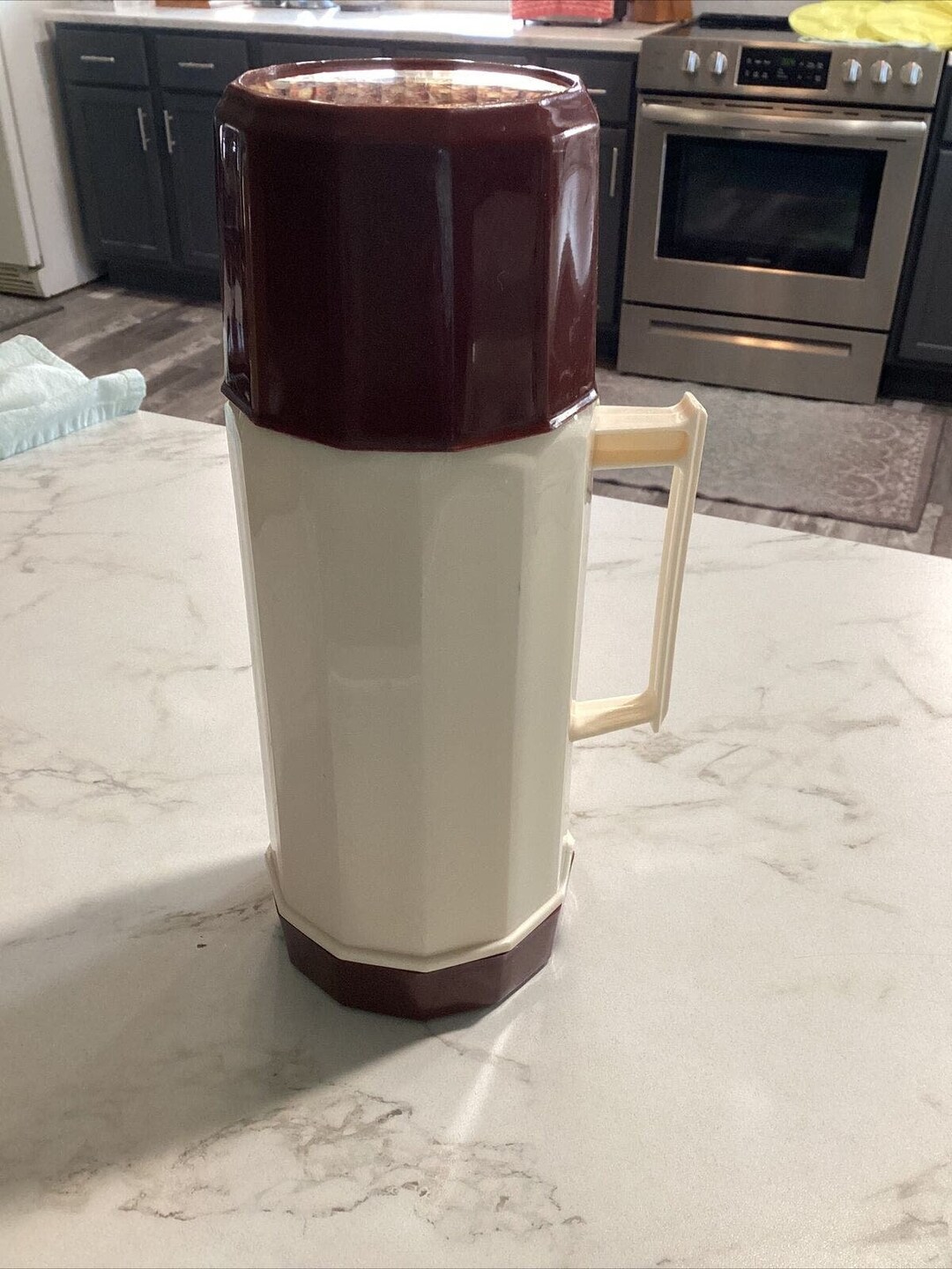 Vintage Thermos Plastic Cream and Brown - Etsy