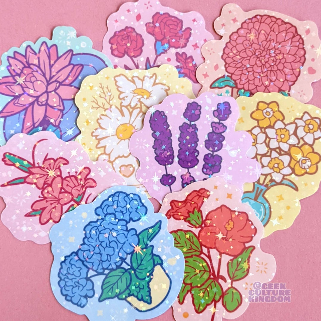 Full Set Flower Collection Stickers. Floral Holographic Glitter ...