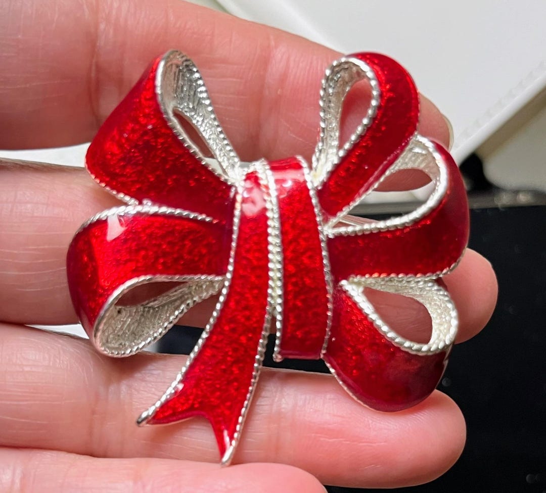 Vintage TC Silver Tone Red Enamel Ribbon Brooch - Etsy