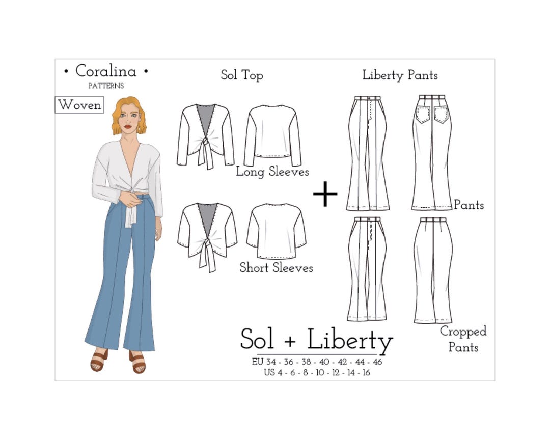 Crop Top & Flare Pants Sewing Pattern Bundle: Sizes 4-16 US, 34-46 EU ...