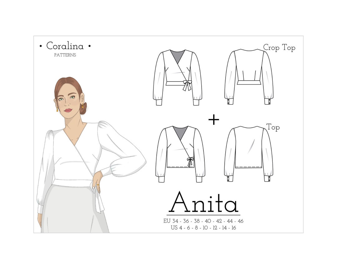 Long Sleeve Wrap Top PDF Sewing Pattern | Sizes 4-16 (EU 34-46) | Two ...