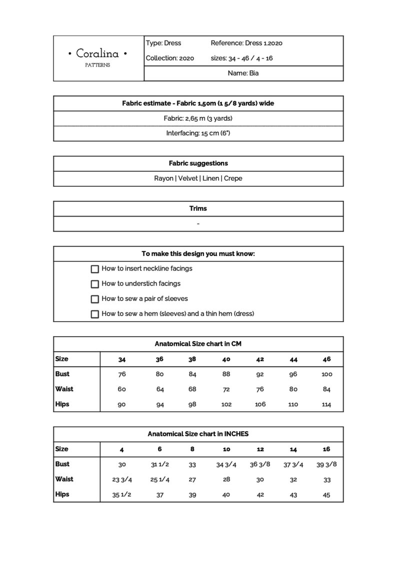 Deep V Back Dress With Long Sleeves PDF Sewing Pattern | Sizes 4-16 (EU ...