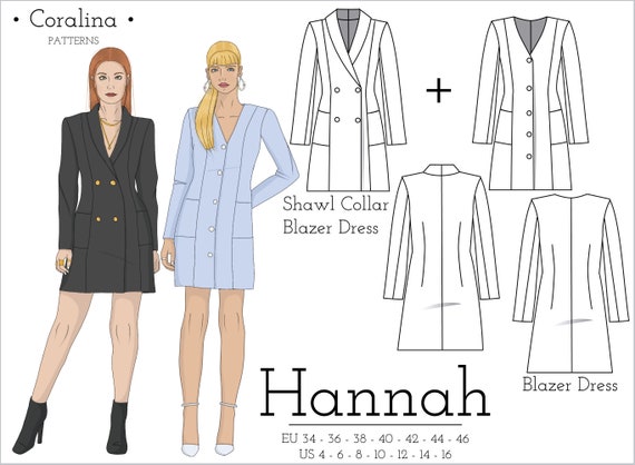 Blazer Dress PDF Sewing Pattern Shawl Collar Blazer Dress - Etsy