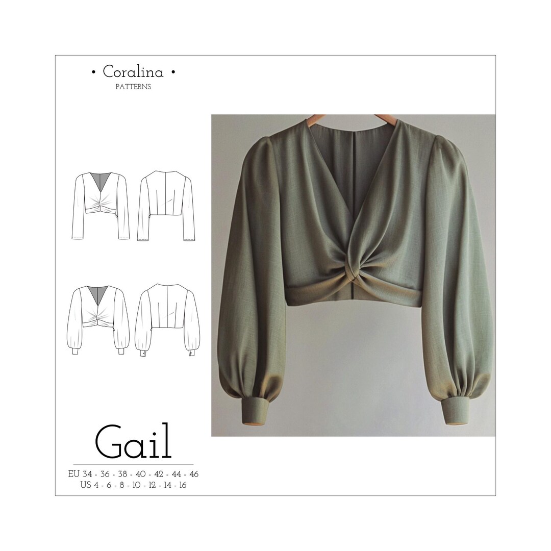 Twist Front Blouse Sewing Pattern: Long/bell Sleeves, Sizes 4-16 US, 34 ...