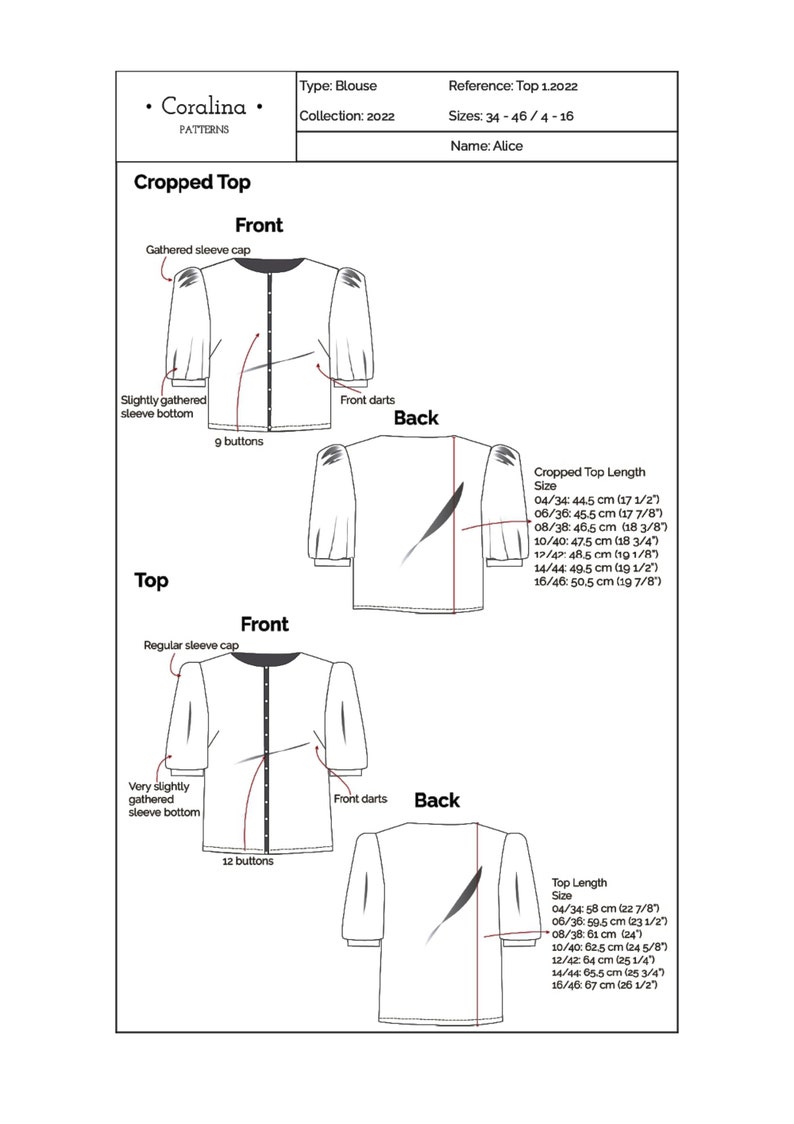 Button Front Top PDF Sewing Pattern | Sizes 4-16 (EU 34-46) | Two Style ...