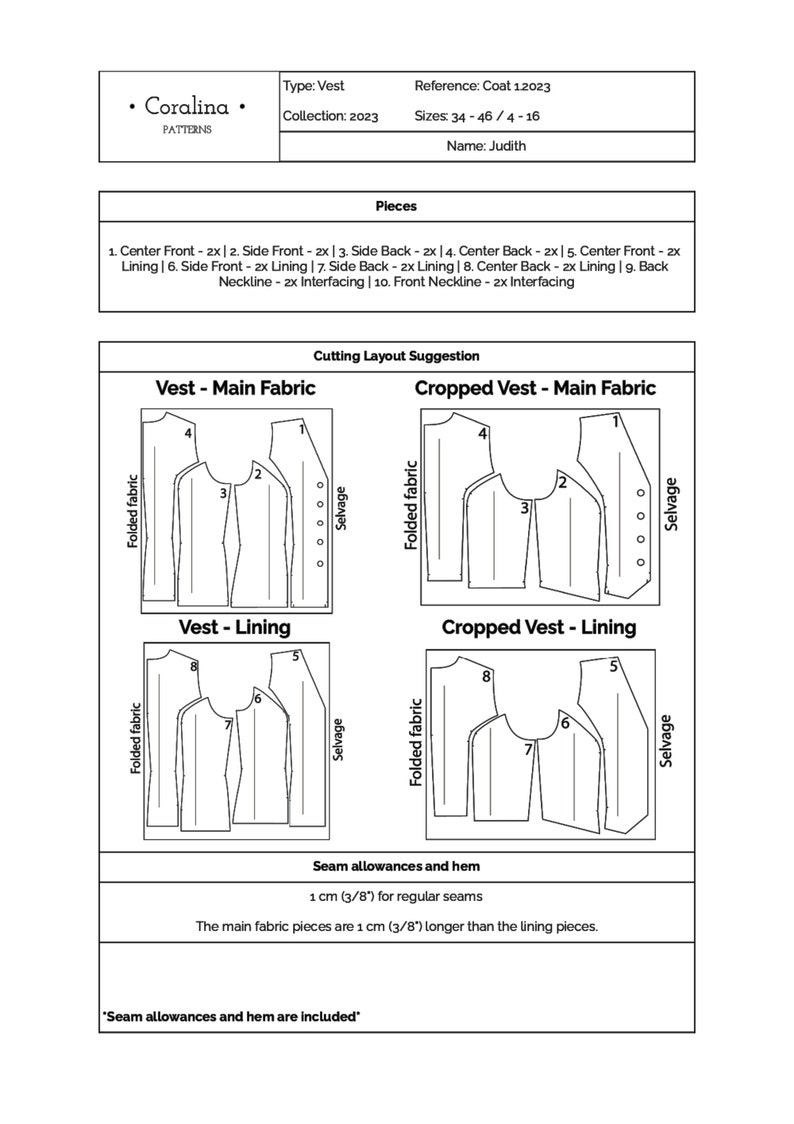 Lined Waistcoat PDF Sewing Pattern | Fitted Vest, Two Lengths | Sizes 4 ...