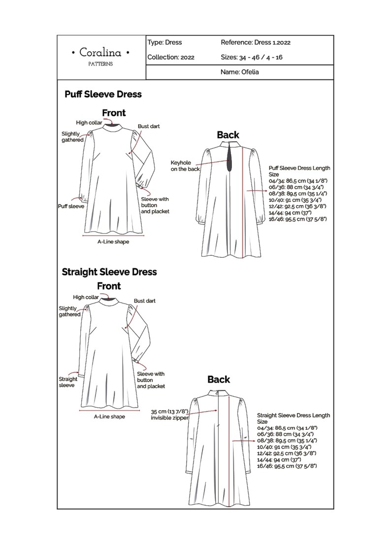 A-line Dress With Long Sleeves PDF Sewing Pattern Sizes 4-16 - Etsy