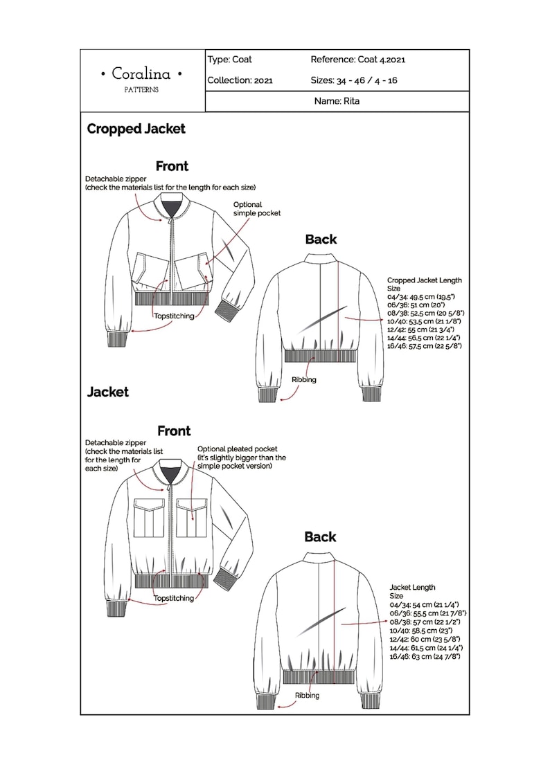 Bomber Jacket PDF Sewing Pattern | Women's Jacket | Sizes 4-16 (EU 34 ...