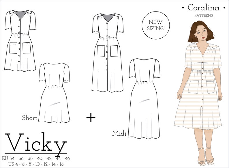 Button-up Dress PDF Sewing Pattern Sizes 4-16 EU 34-46 - Etsy