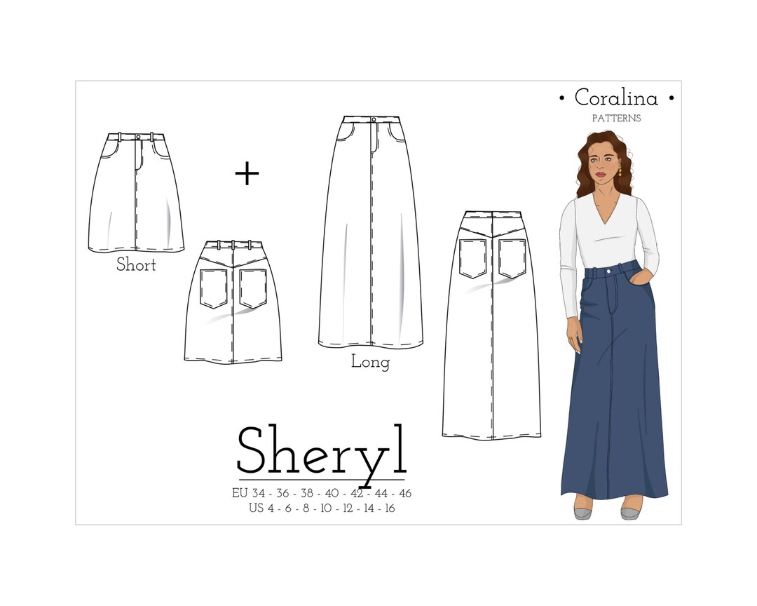 Long A-line Denim Skirt PDF Sewing Pattern | Sizes 4-16 (EU 34-46 ...