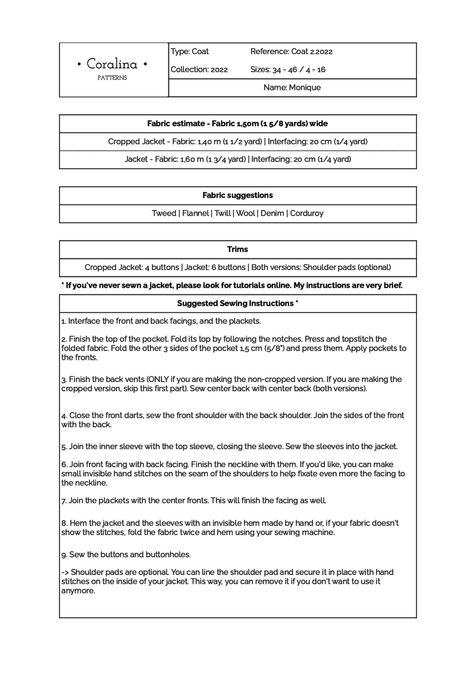 Tweed Jacket PDF Sewing Pattern Boxy Jacket Pattern Sizes - Etsy