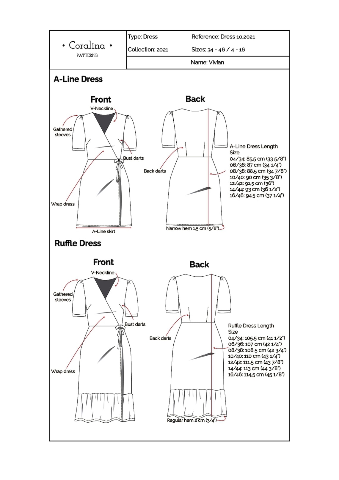 Wrap Dress PDF Sewing Pattern: Ruffle Skirt, Sizes 4-16 US, 34-46 EU ...