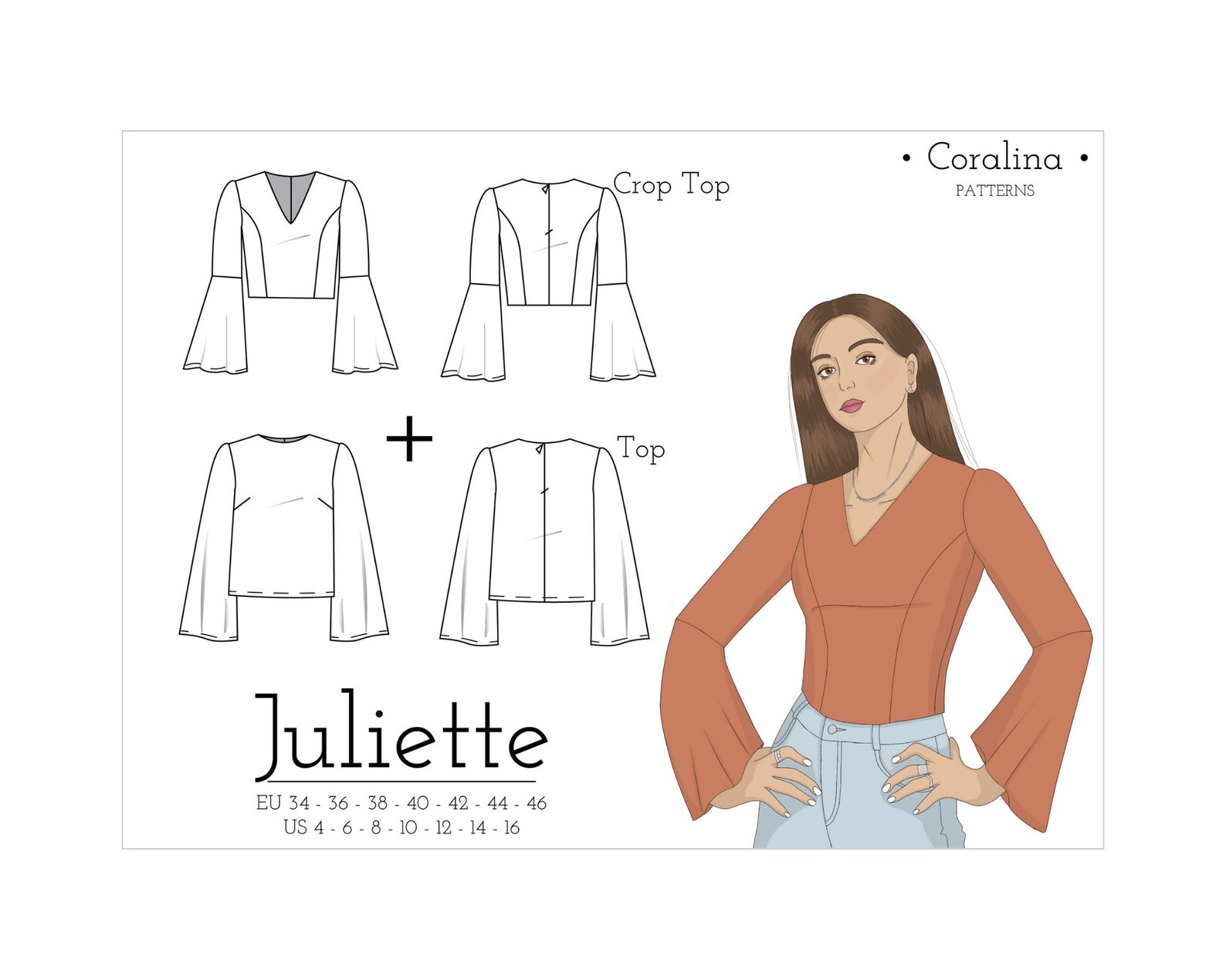 Trumpet Sleeve Top PDF Sewing Pattern | Bell Sleeve Blouse | Sizes 4-16 ...