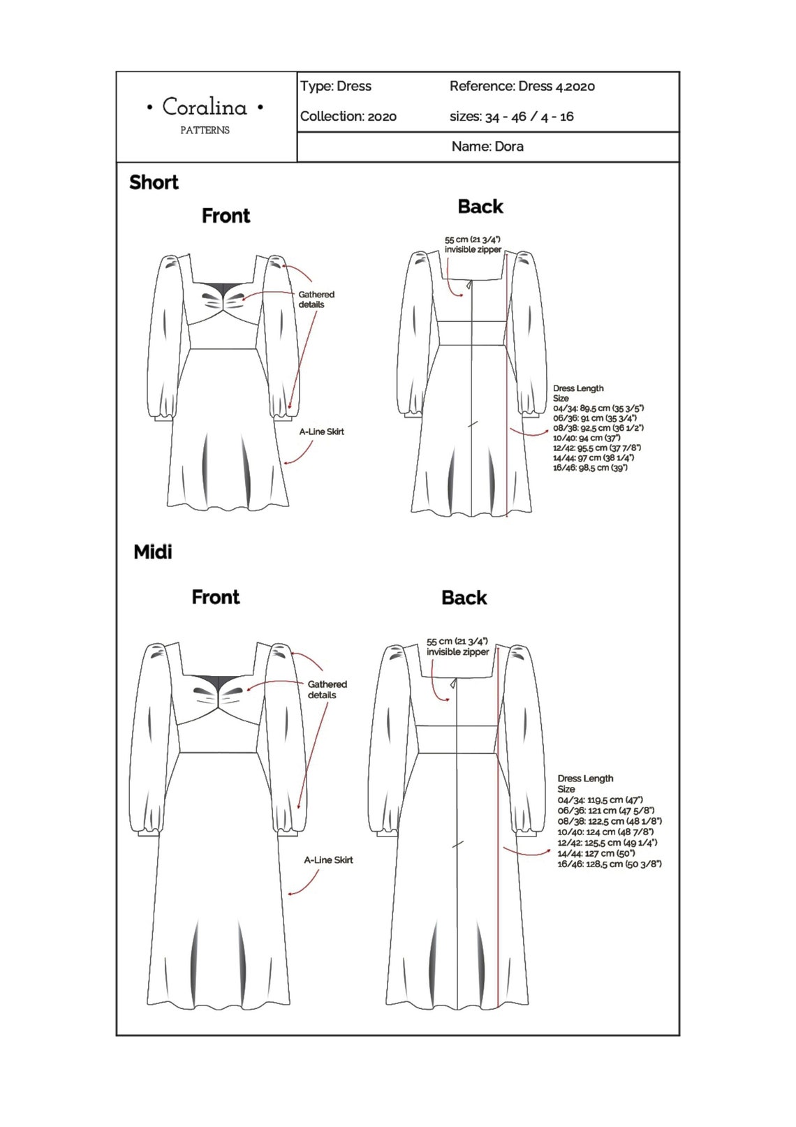 Gathered Front Dress PDF Sewing Pattern Sizes 4-16 EU | Etsy