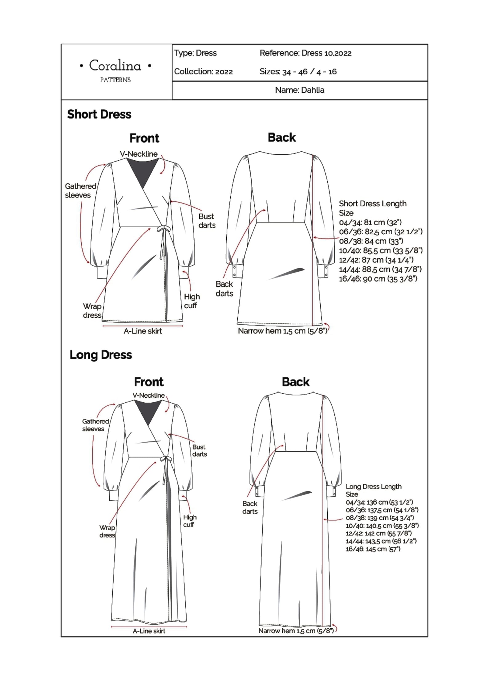 Long Sleeve Wrap Dress PDF Sewing Pattern | Formal Wrap Gown | Sizes 4 ...
