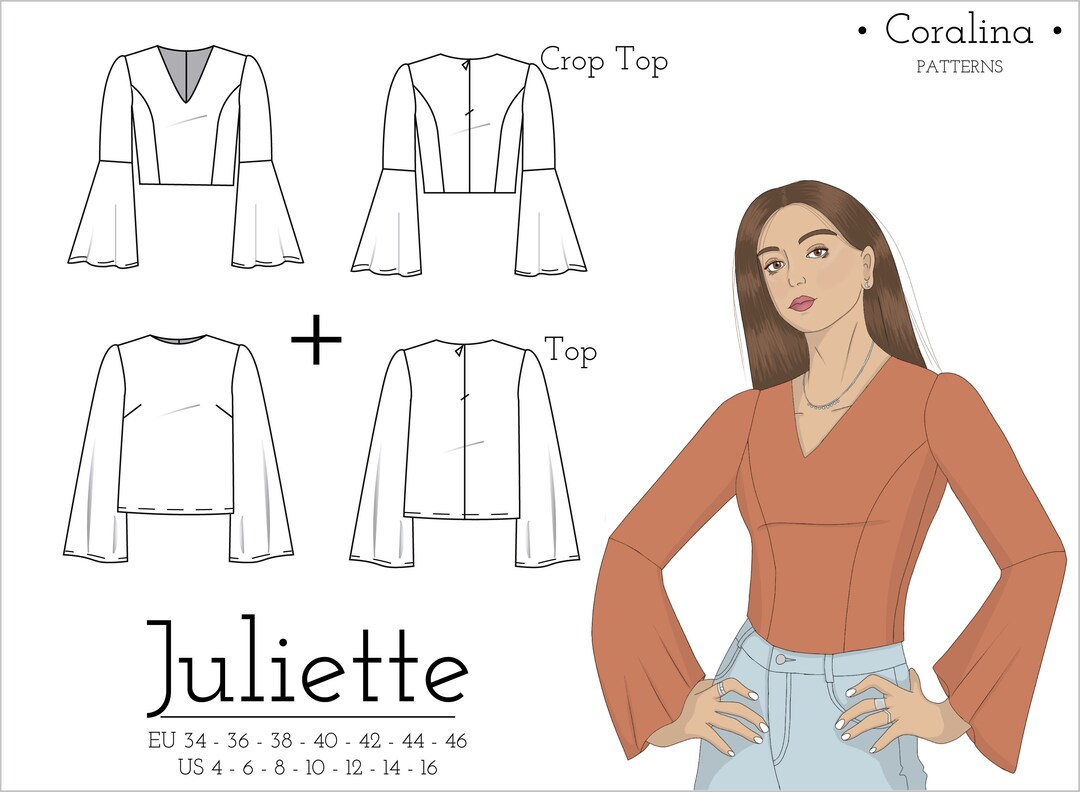 Trumpet Sleeve Top PDF Sewing Pattern Bell Sleeve Blouse - Etsy