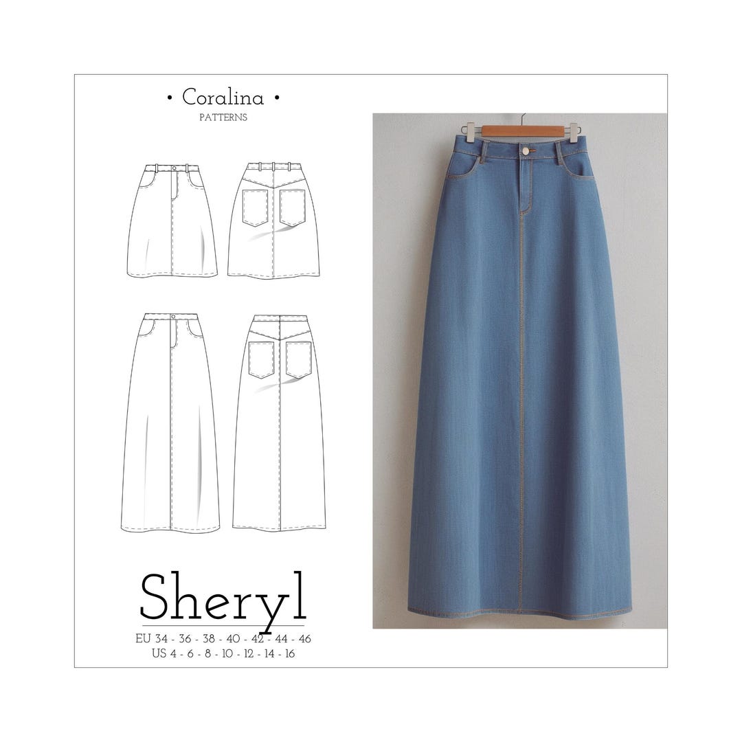 Long A-line Denim Skirt PDF Sewing Pattern | Sizes 4-16 (EU 34-46 ...