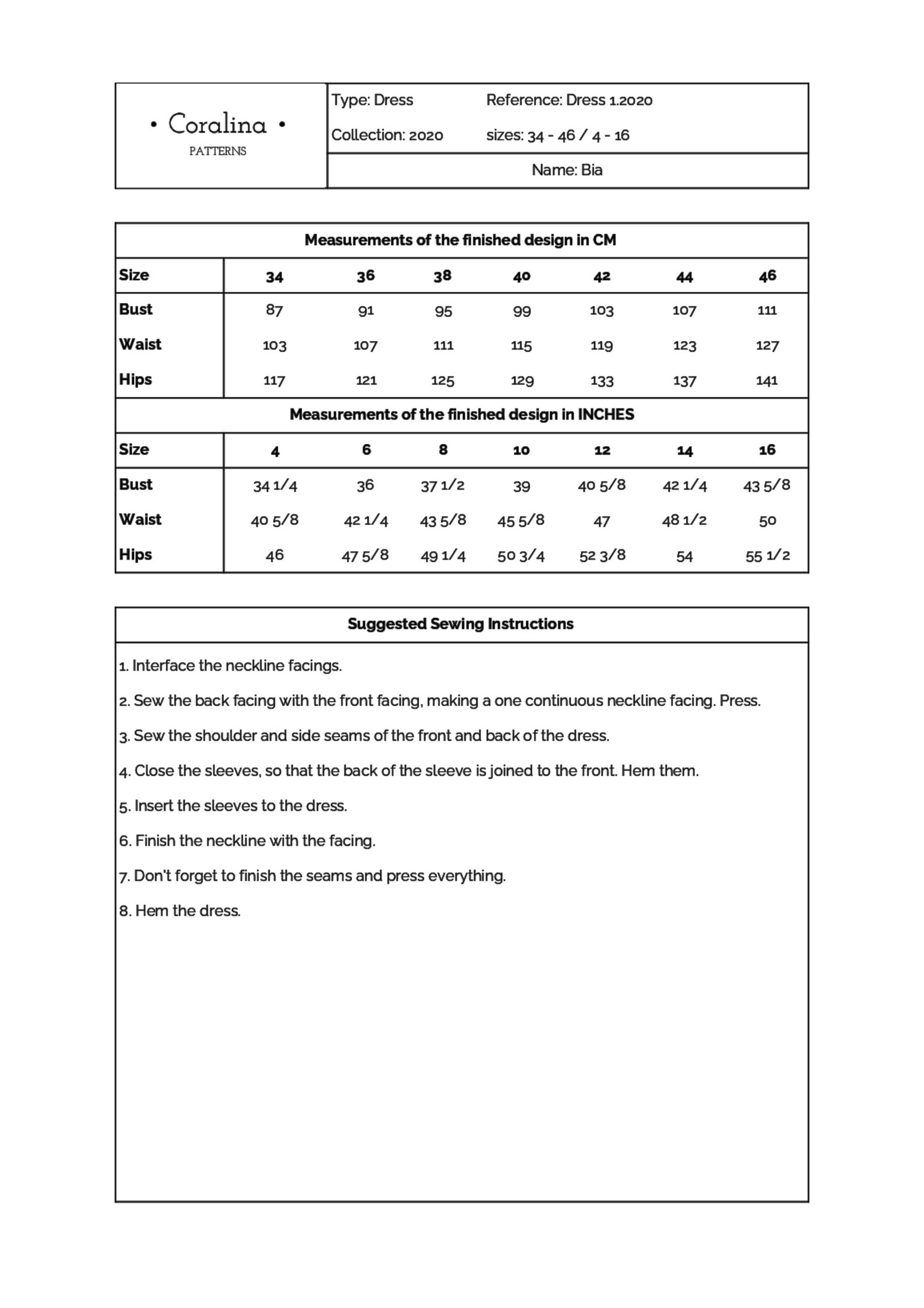 Deep V Back Dress With Long Sleeves PDF Sewing Pattern | Sizes 4-16 (EU ...