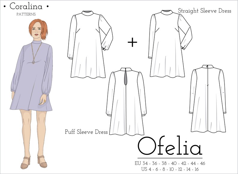 A-line Dress With Long Sleeves PDF Sewing Pattern Sizes 4-16 - Etsy