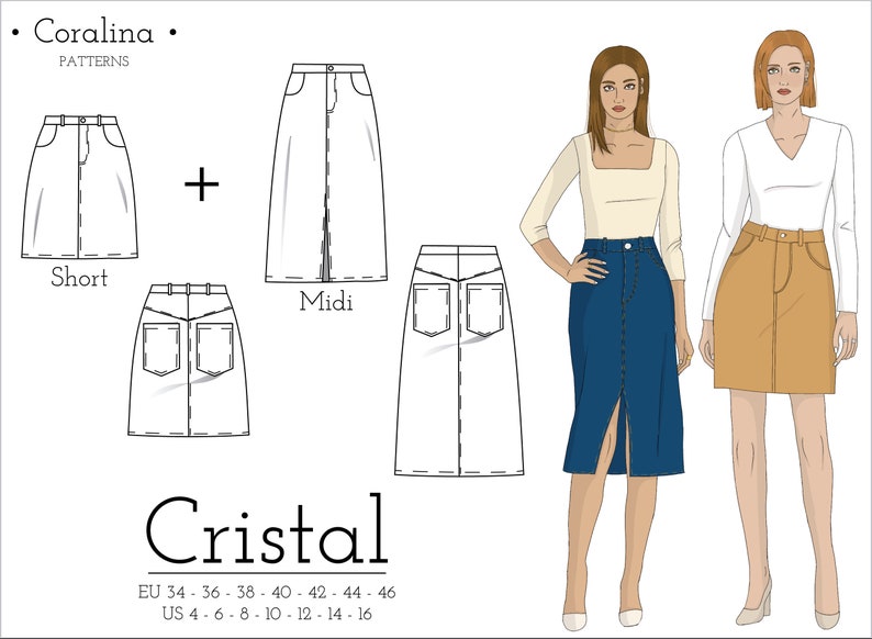 Denim Skirt PDF Sewing Pattern Sizes 4-16 EU 34-46 Two - Etsy