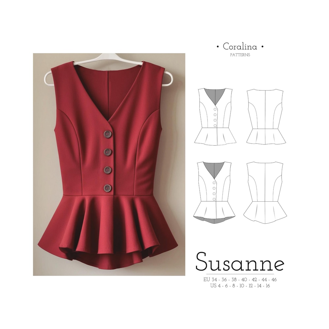 Sleeveless Peplum Top PDF Sewing Pattern | Button-front Blouse | Sizes ...