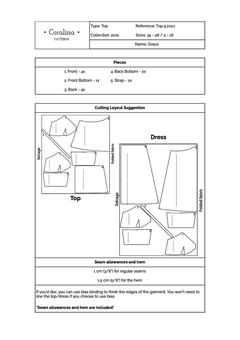 Thin Strap Top & Dress Sewing Pattern | A-line Design | Sizes 4-16 (EU ...