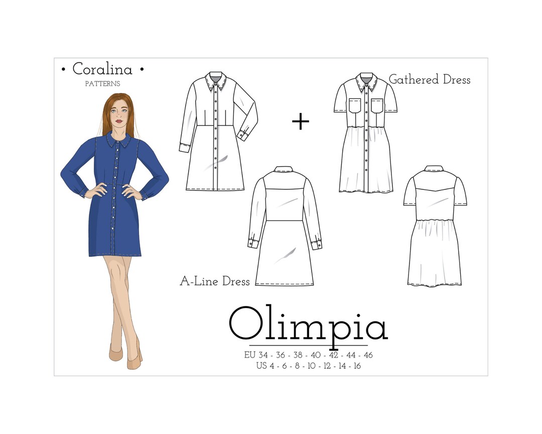 Denim Shirt Dress Sewing Pattern: Two Styles, Sizes 4-16 US, 34-46 EU ...