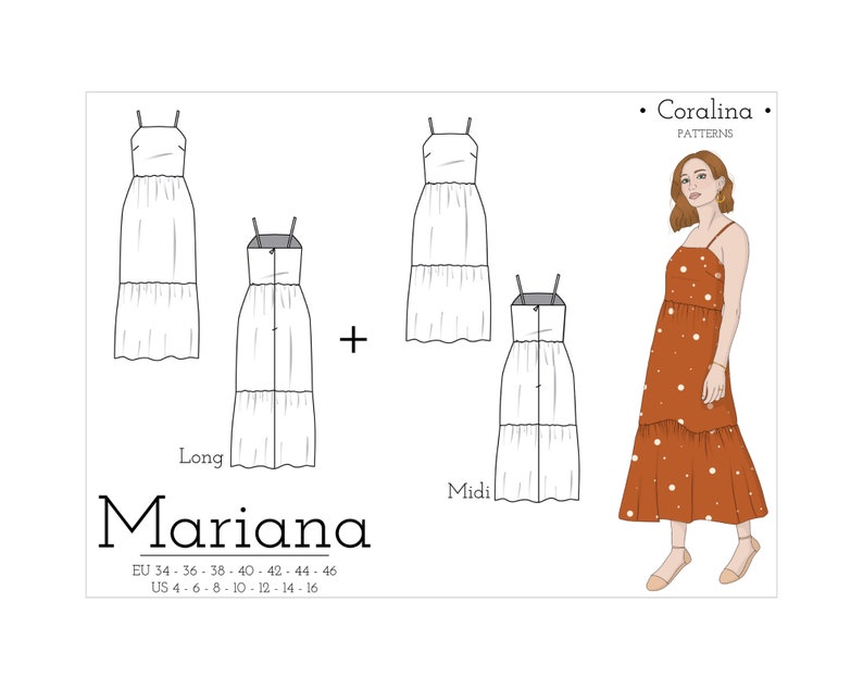 Tiered Spaghetti Strap Dress Sewing Pattern | Midi & Maxi Lengths ...