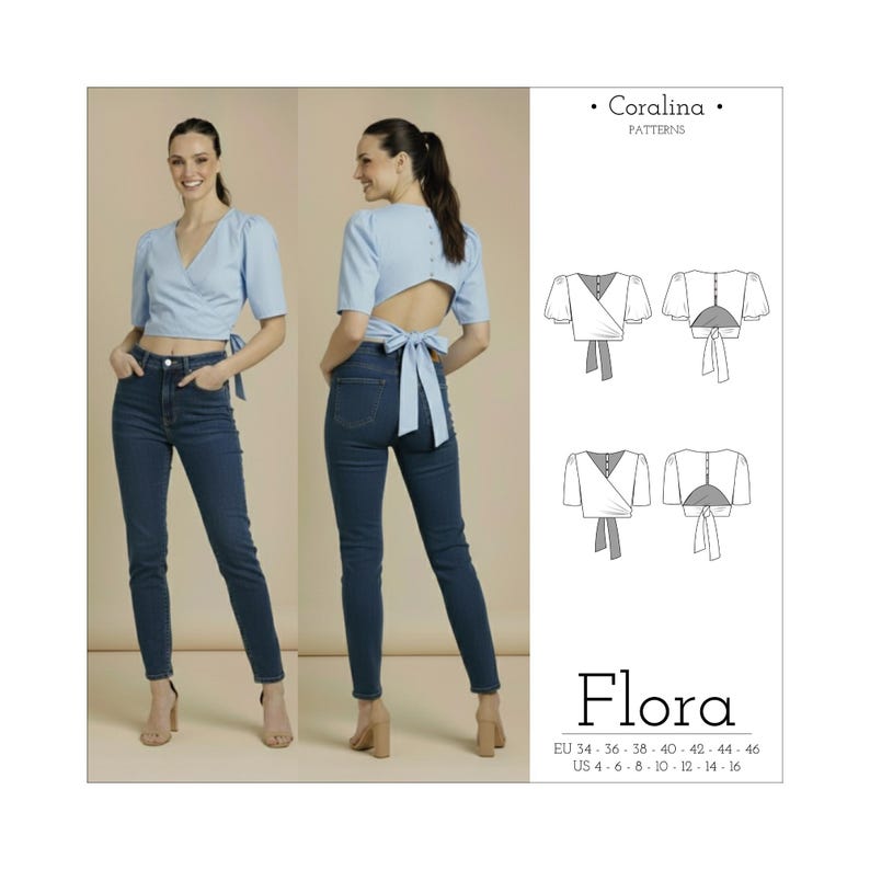 Open Back Surplice Wrap Top PDF Sewing Pattern | Sizes 4-16 (EU 34-46 ...