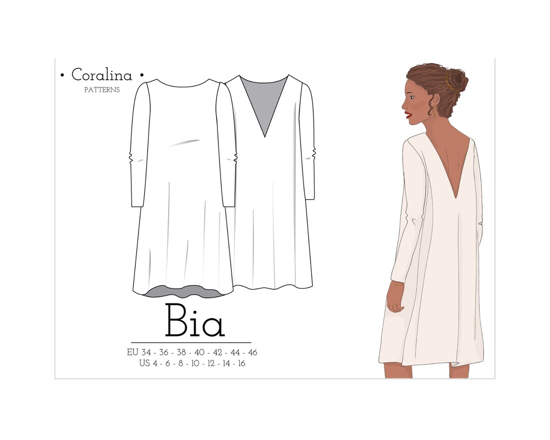 Deep V Back Dress With Long Sleeves PDF Sewing Pattern | Sizes 4-16 (EU ...