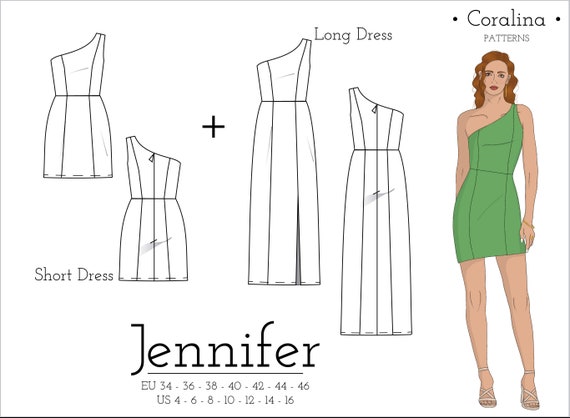 One Shoulder Dress PDF Sewing Pattern Sizes 4-16 EU 34-46 - Etsy