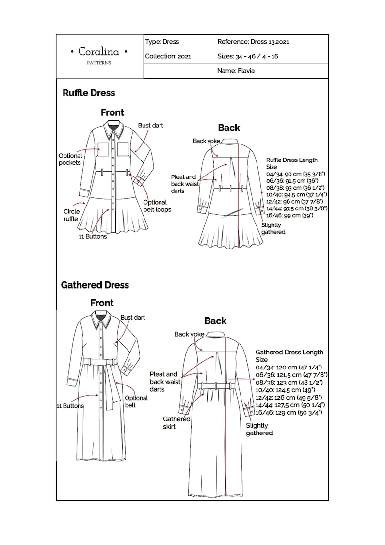 Button-down Shirt Dress Sewing Pattern: Sizes 4-16 US, 34-46 EU (PDF ...