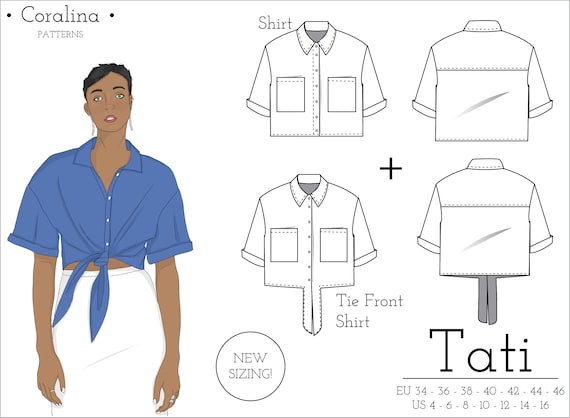 Tie-front Crop Shirt PDF Sewing Pattern Sizes 4-16 EU | Etsy