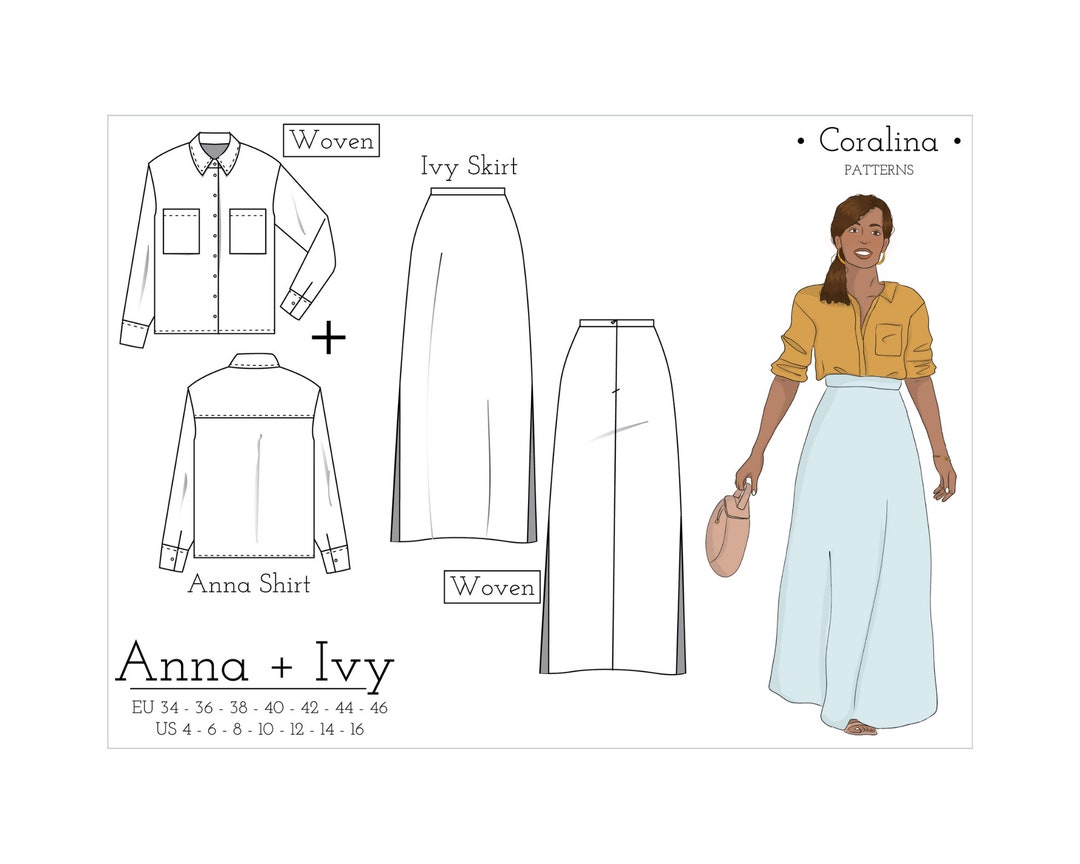 Oversized Shirt + A-line Skirt Pdf Sewing Patterns | Sizes 4-16 (EU 34 ...