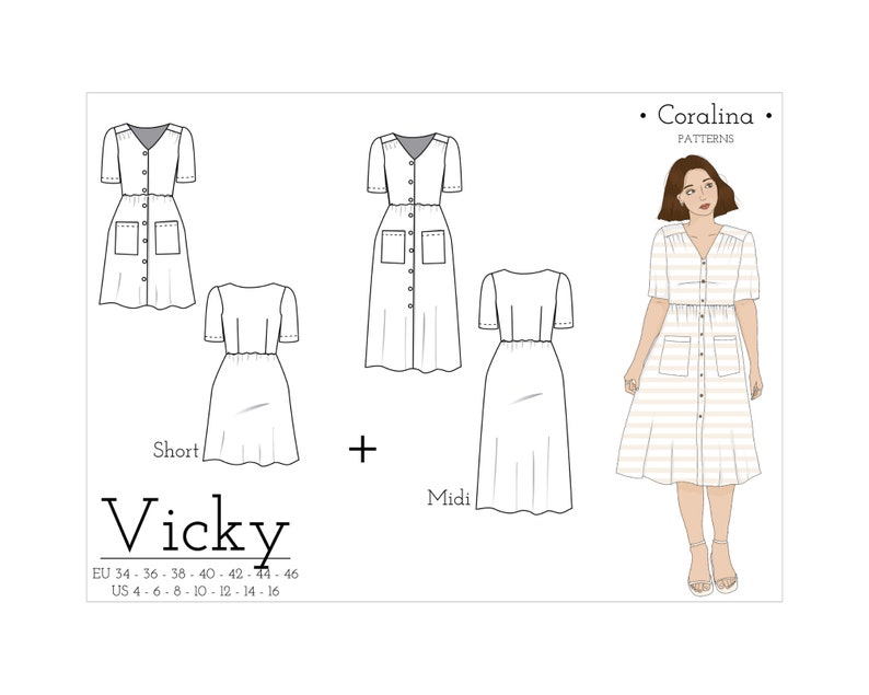 Button-up Dress PDF Sewing Pattern | Sizes 4-16 (EU 34-46) | Two Length ...