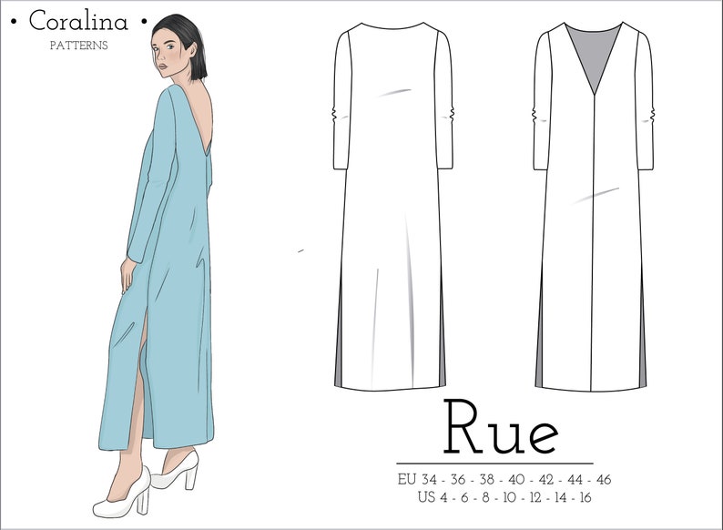 Long Open Back Dress With Long Sleeves PDF Sewing Pattern - Etsy