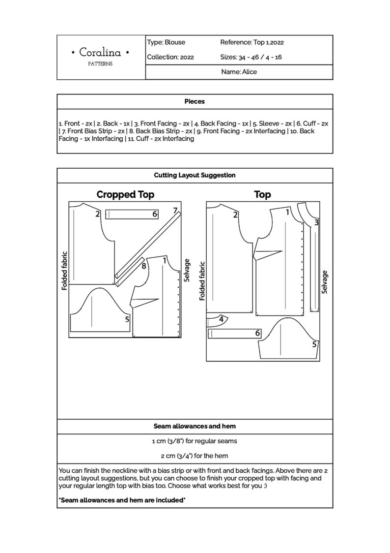 Button Front Top PDF Sewing Pattern | Sizes 4-16 (EU 34-46) | Two Style ...
