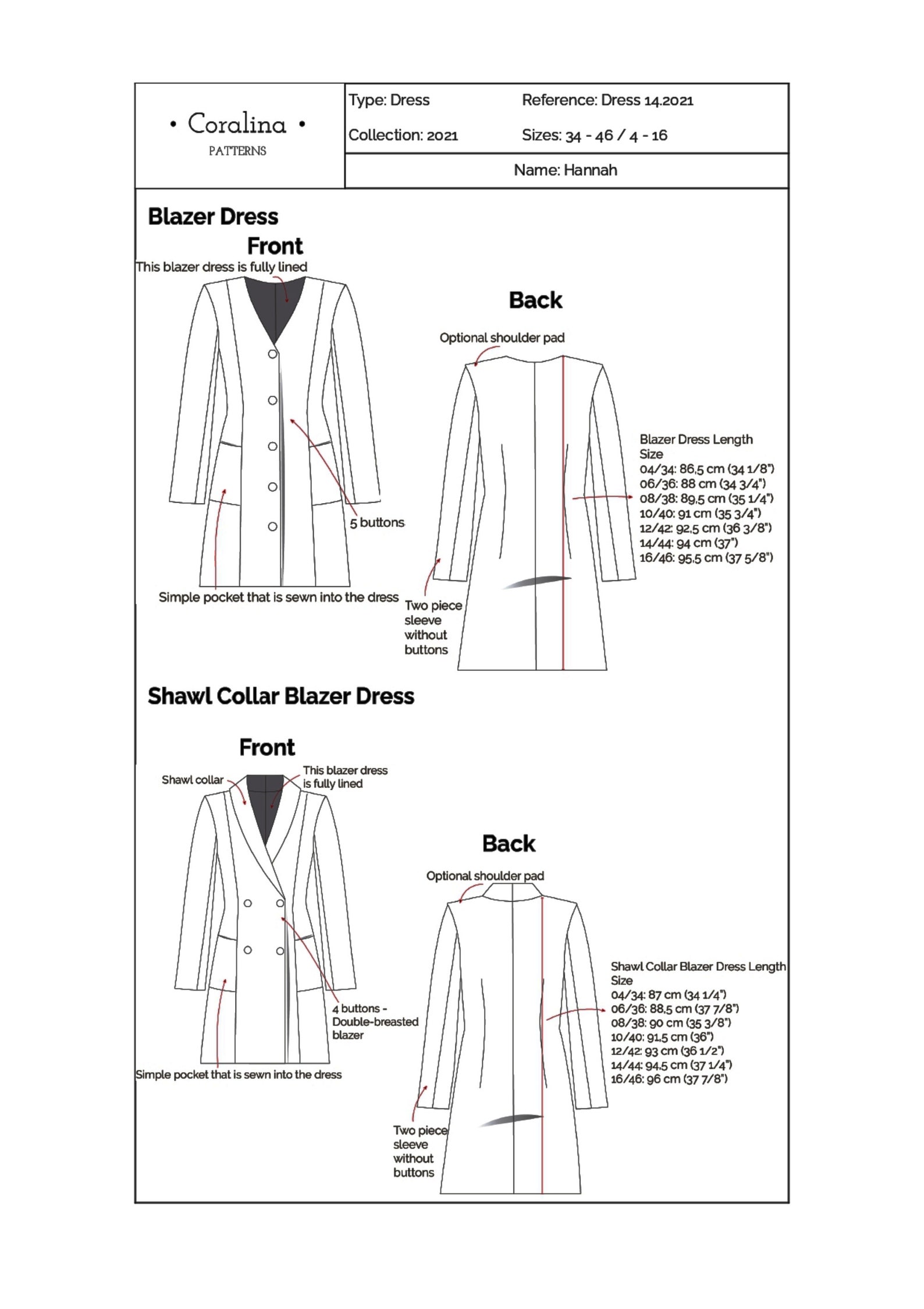 Blazer Dress PDF Sewing Pattern | Shawl Collar Blazer Dress Pattern ...