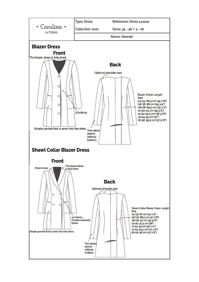 Blazer Dress PDF Sewing Pattern | Shawl Collar Blazer Dress Pattern ...