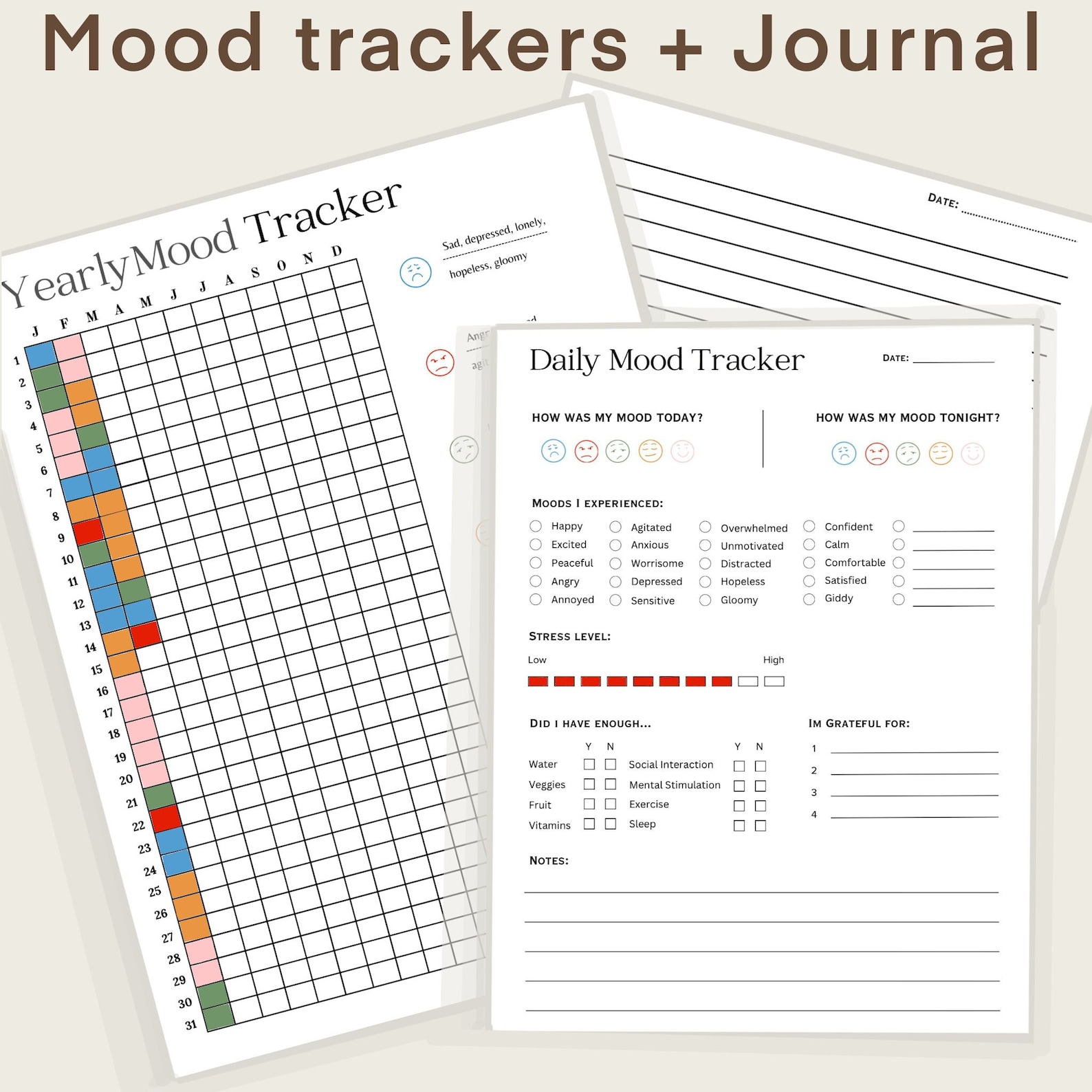 Mood Tracker, Instant Download printable, Yearl Y/ Daily Mood Tracker ...