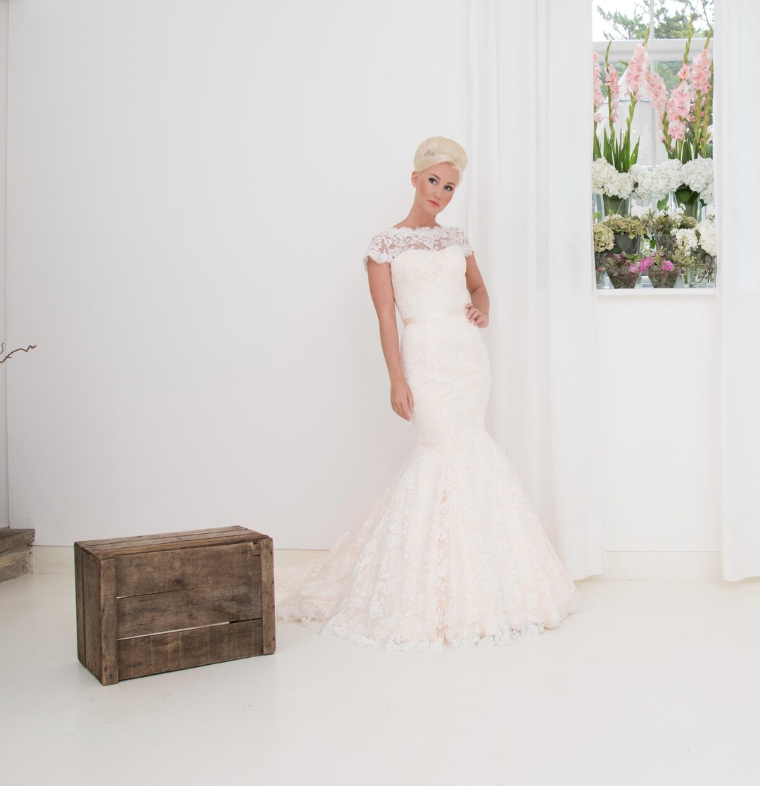 Sarah Fishtail in Stunning Apricot Mikado With a Ivory Lace Overlay and ...