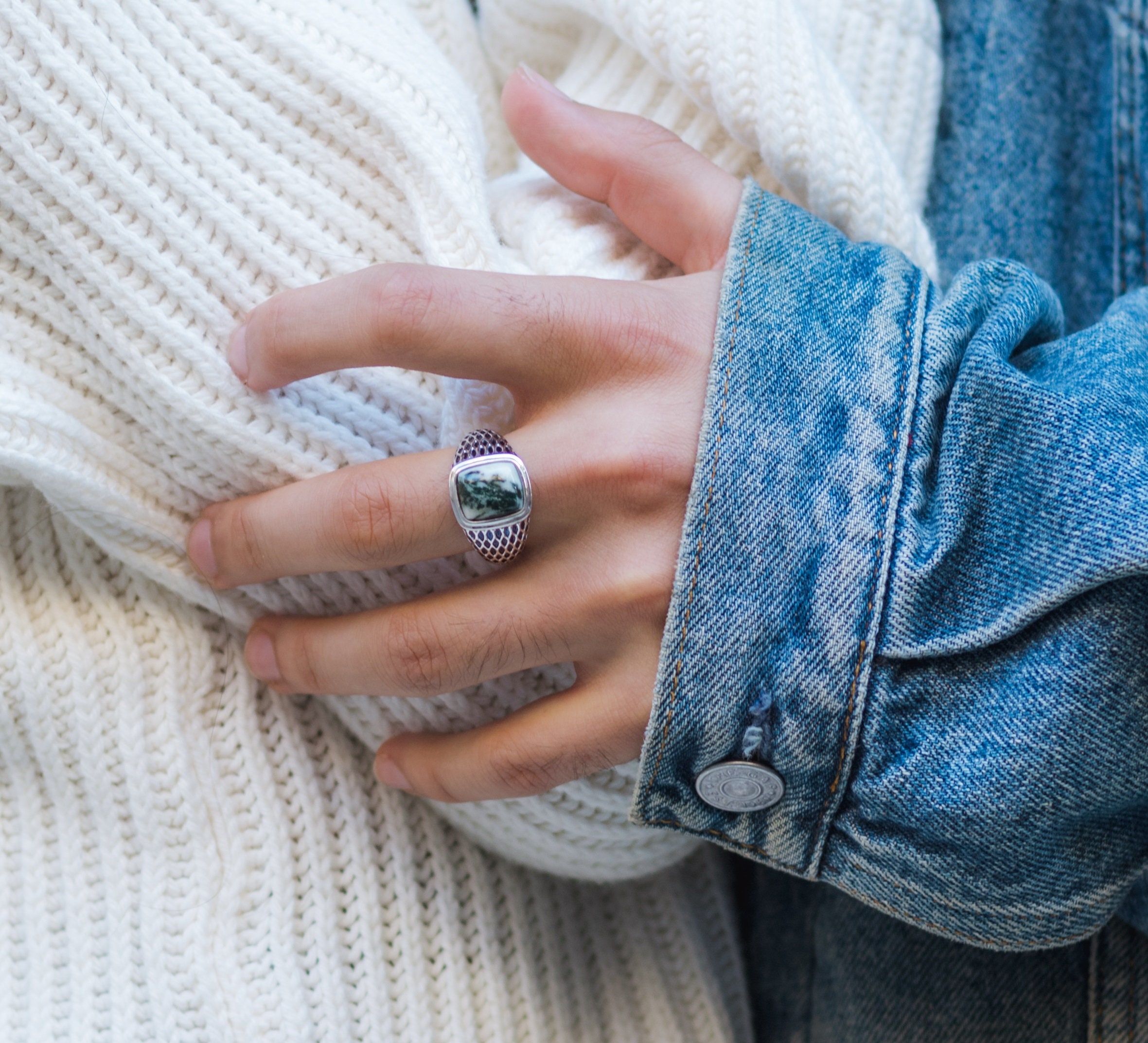 Tree Agate Stone Ring in Black Rhodium - Etsy