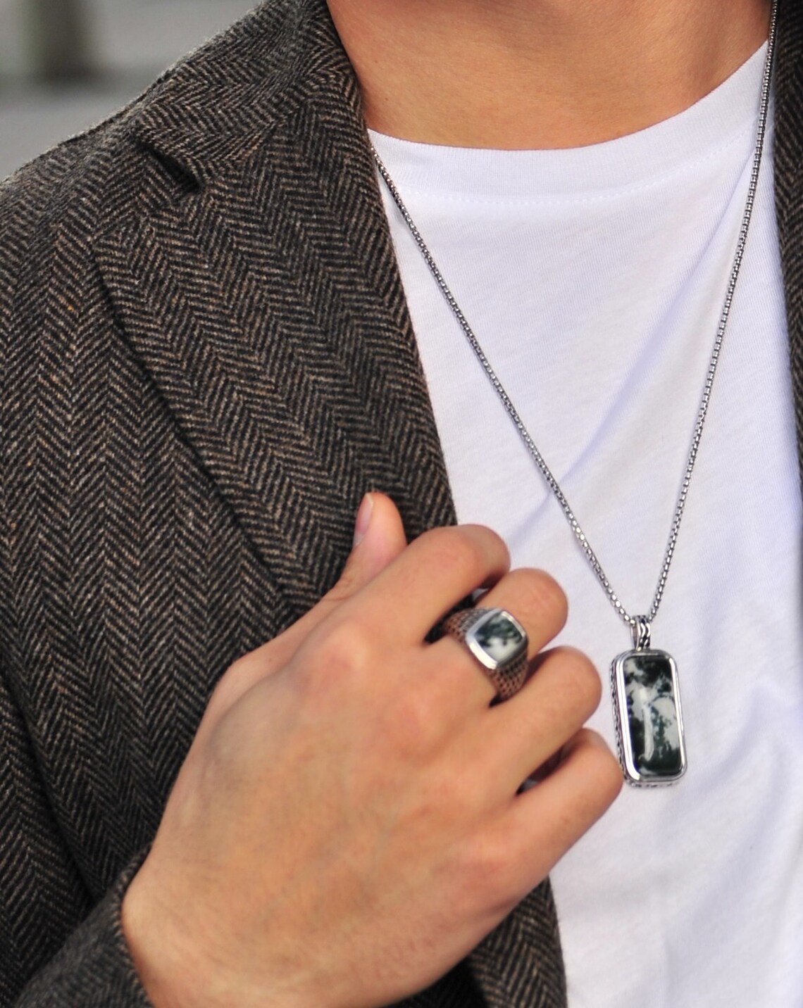 Tree Agate Stone Tag in Black Rhodium - Etsy